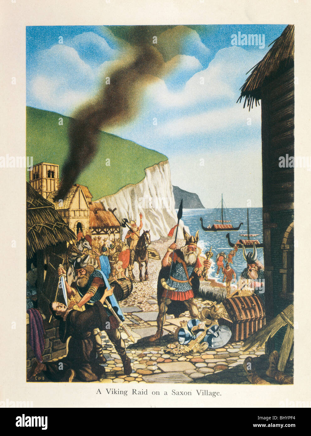 'A Viking Raid on a Saxon Village', 1953. Artist: CW Bacon Stock Photo ...
