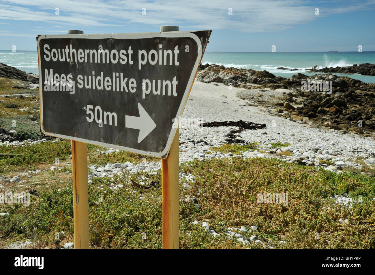 Travel destination, South Africa, beautiful landscape, sign on beach ...