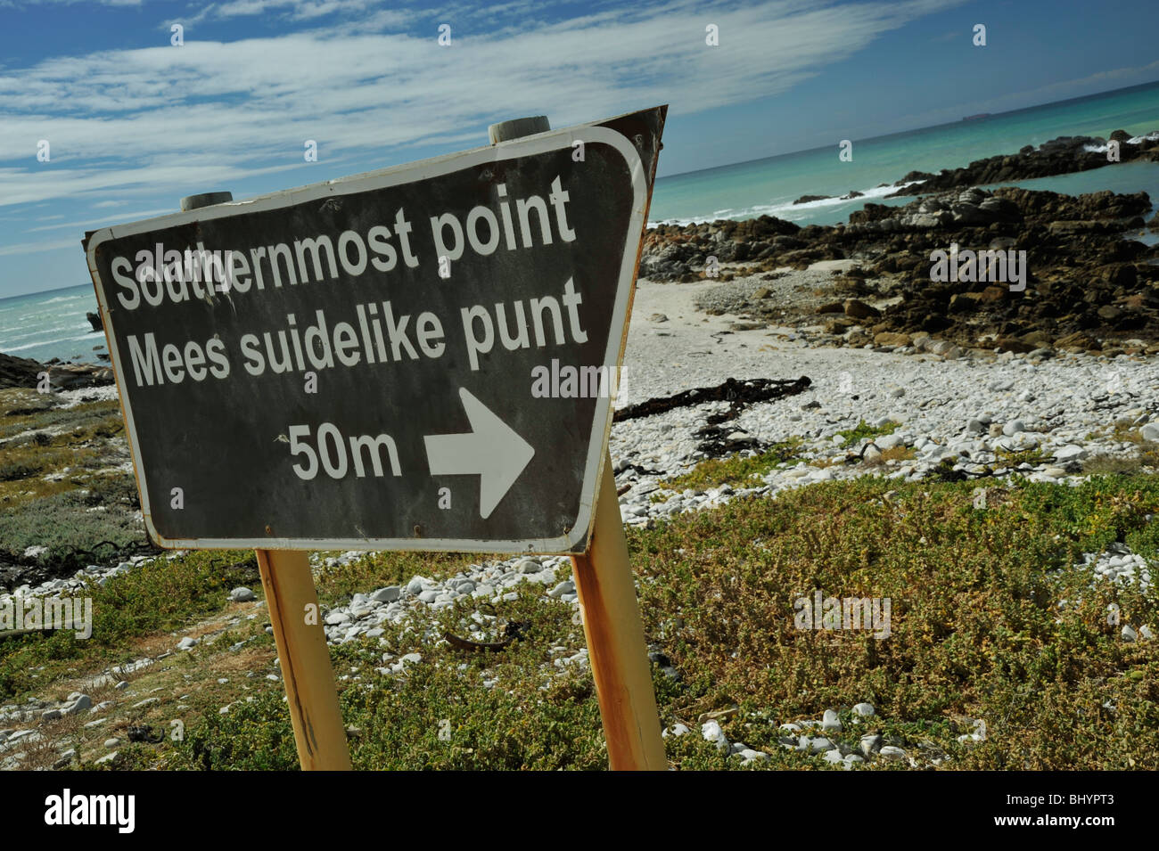 Beautiful landscape, sign on beach, Southern tip of Africa, Cape ...