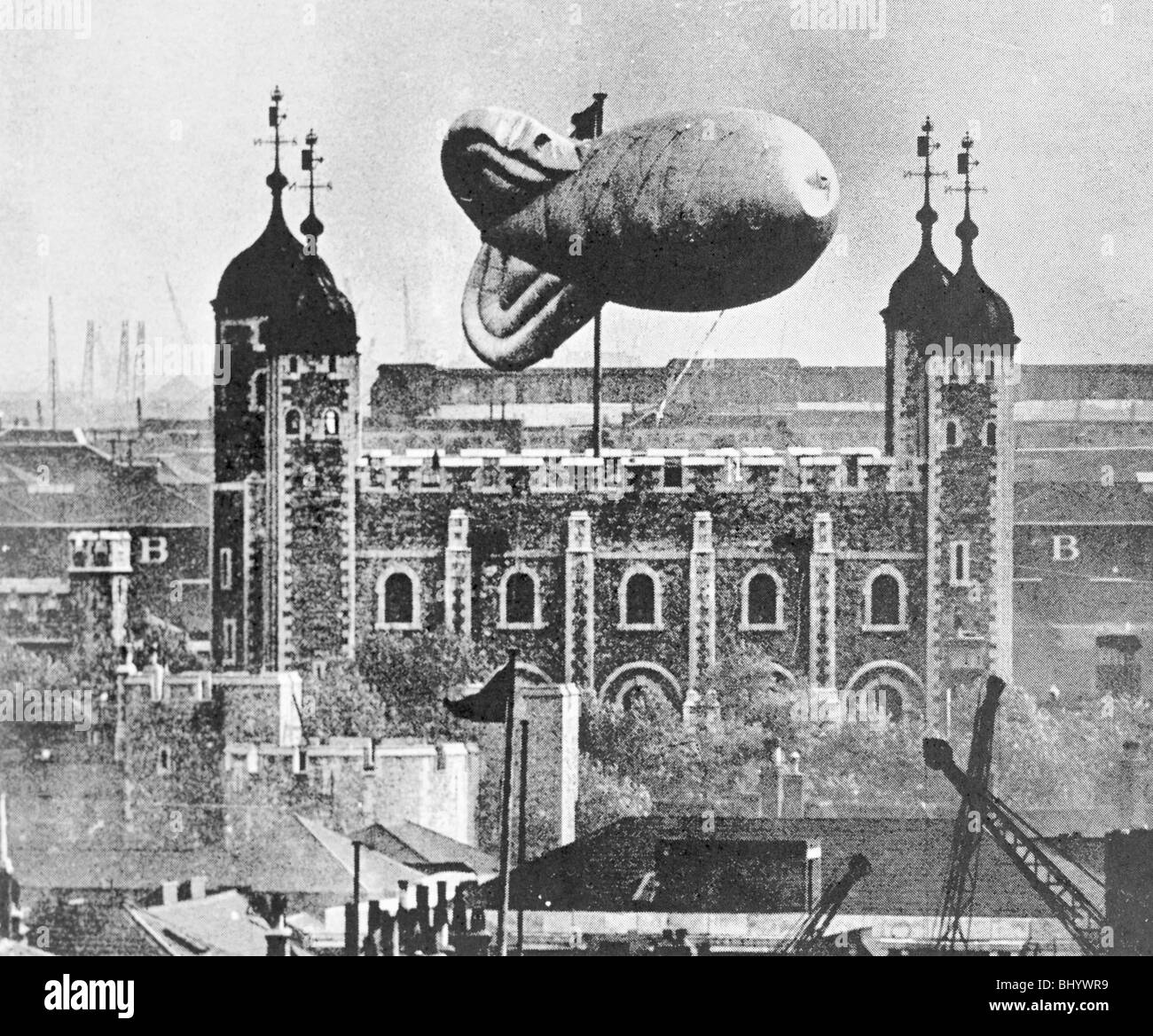 Barrage balloon over the Tower of London, c1939. Artist: Unknown Stock ...