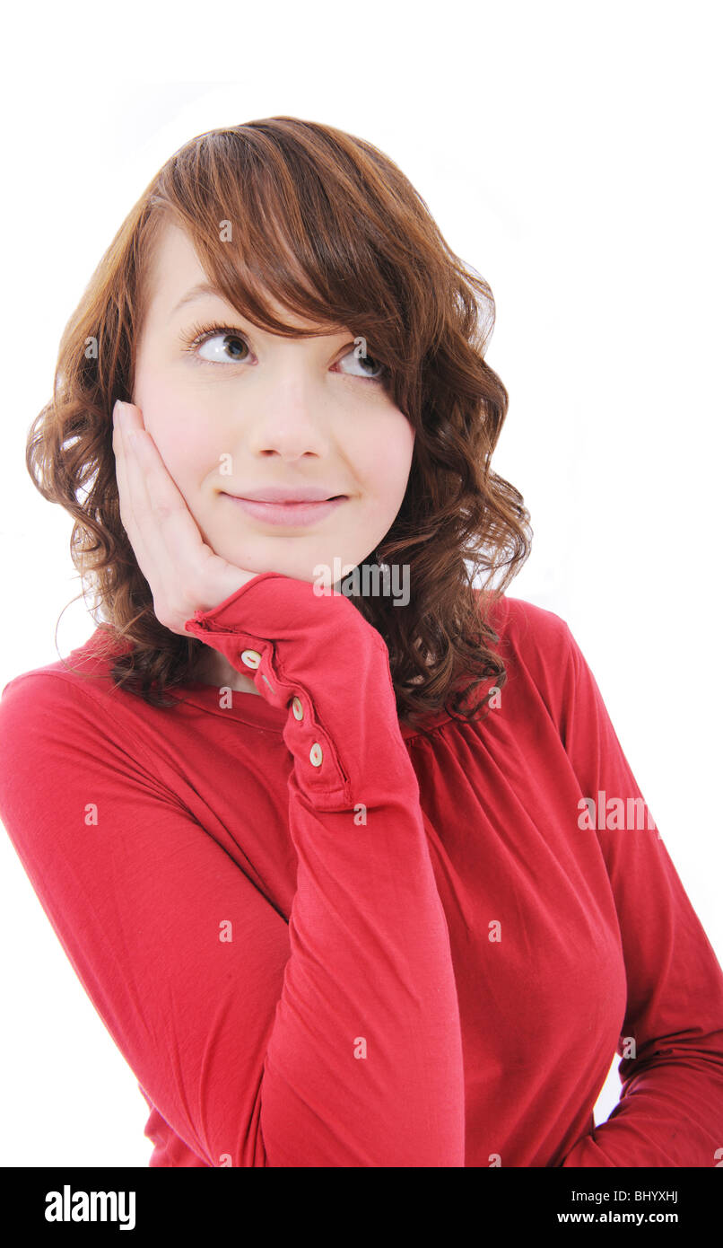 teenage girl thinking, having an idea, isolated on white, cutout Stock ...