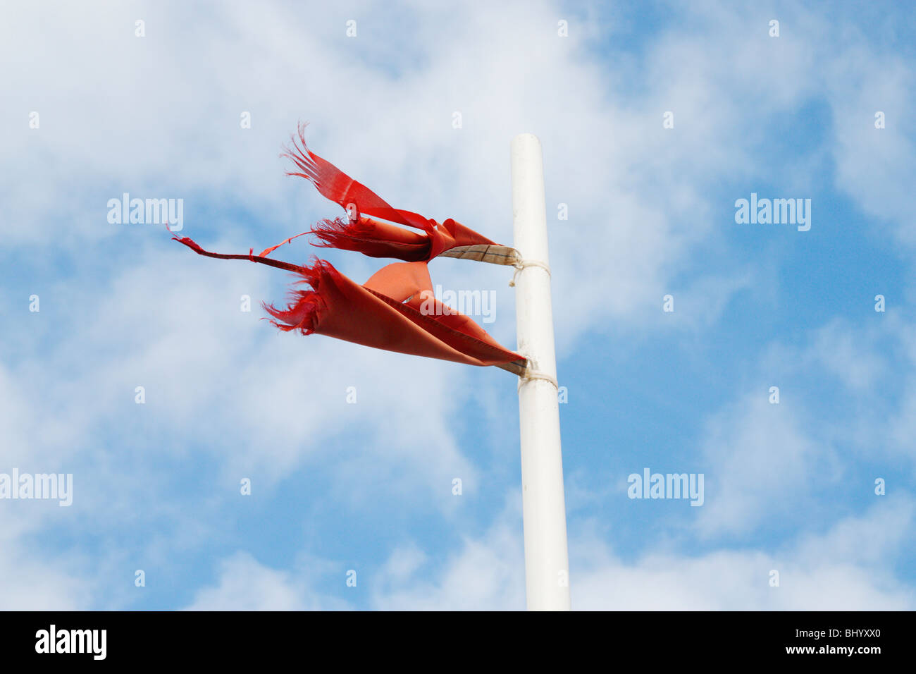 Tattered red flag flying on beach Stock Photo - Alamy