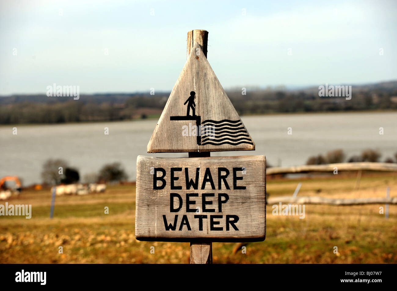 Beware Deep Water sign at the RSPB Pulborough Brooks nature reserve West Sussex UK Stock Photo ...