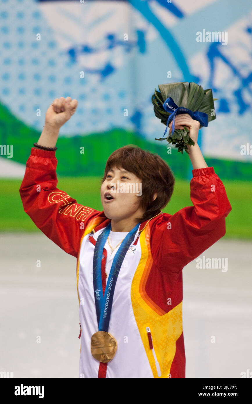 Wang Meng (CHN) reacts after receiving the gold medal in the Short Track Speed Skating Women's ...