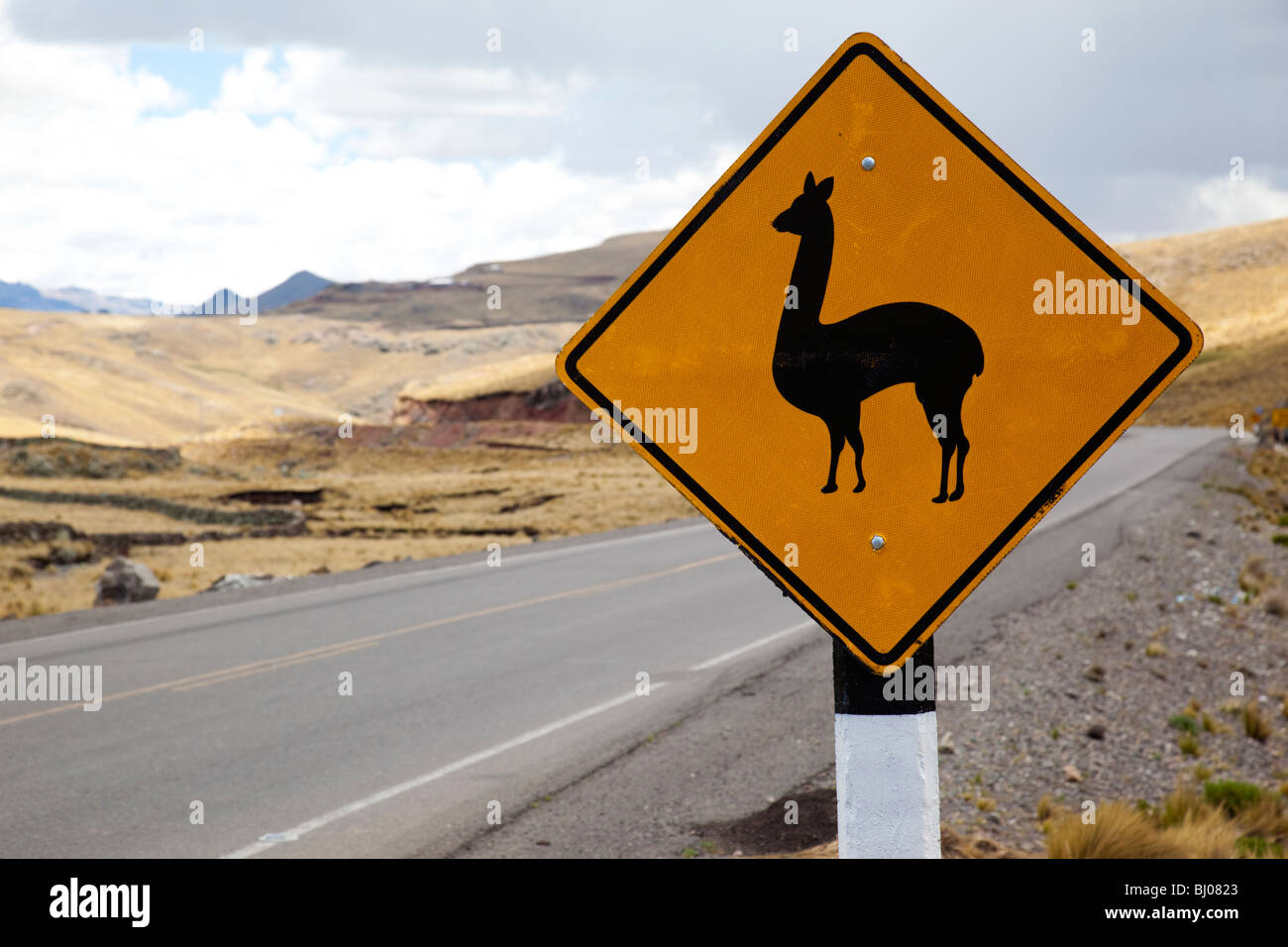 Peruvian road sign with llama Stock Photo - Alamy