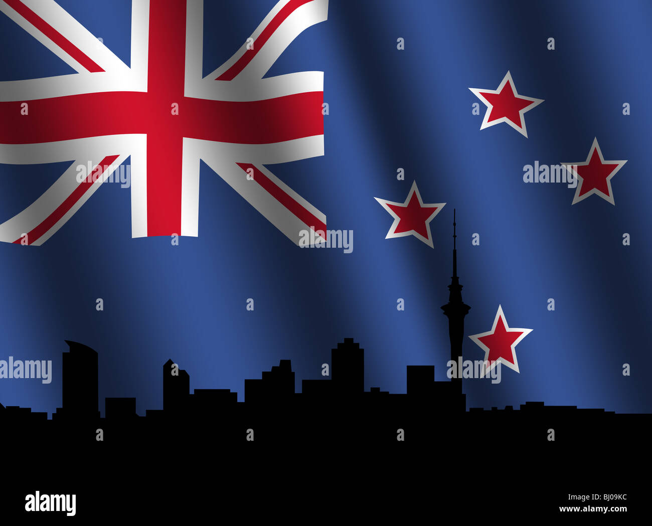 Auckland skyline against rippled New Zealand flag illustration Stock ...