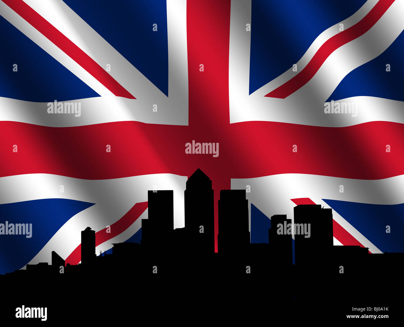 London Docklands Skyline and rippled British Flag illustration Stock ...