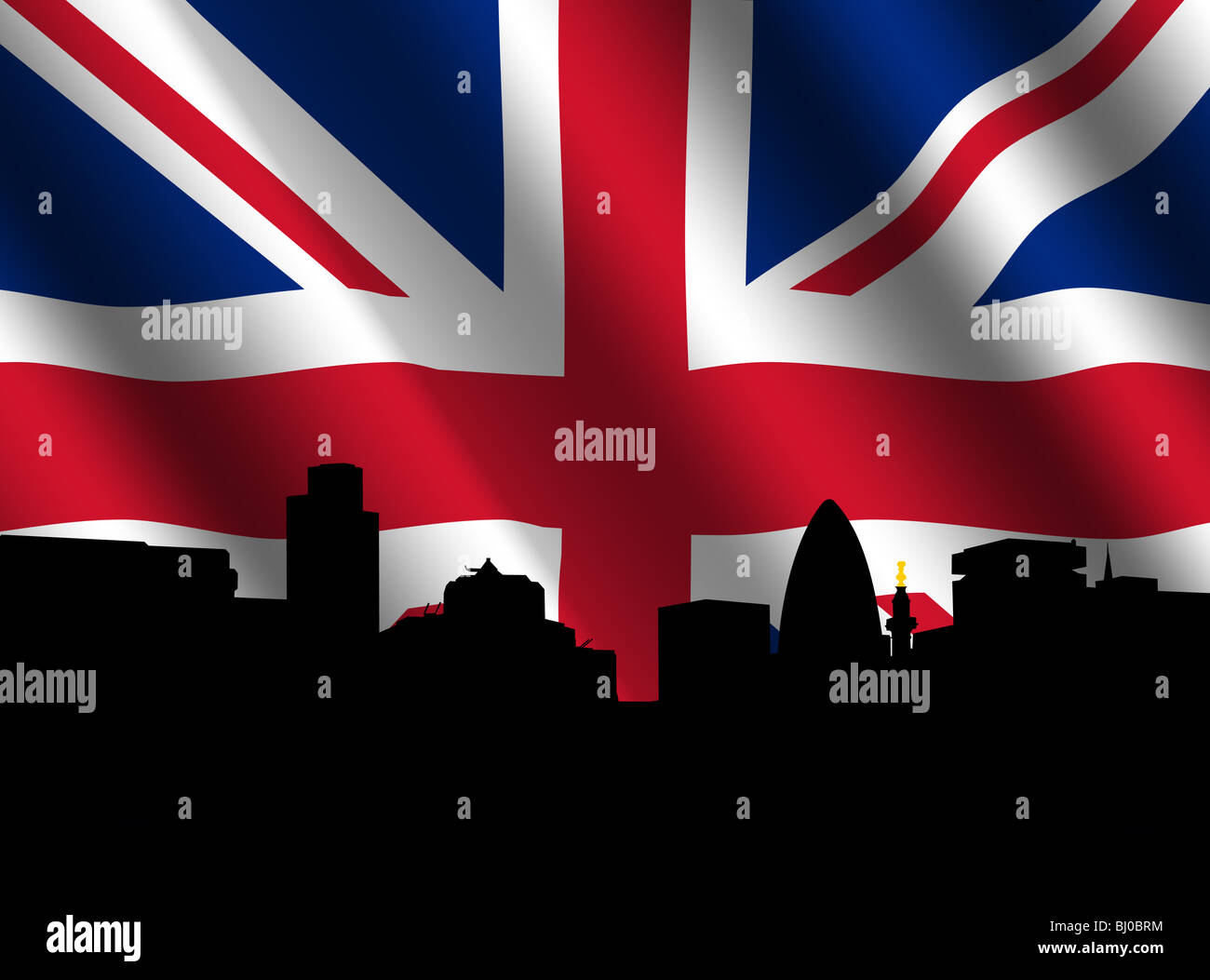 London Skyline with rippled British Flag illustration Stock Photo - Alamy