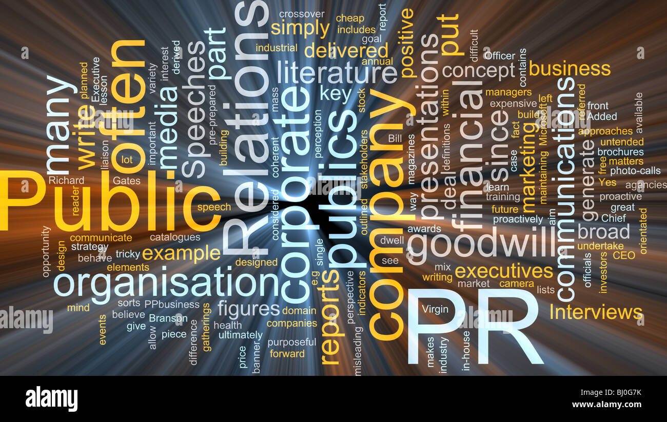 Word cloud concept illustration of public relations glowing light ...