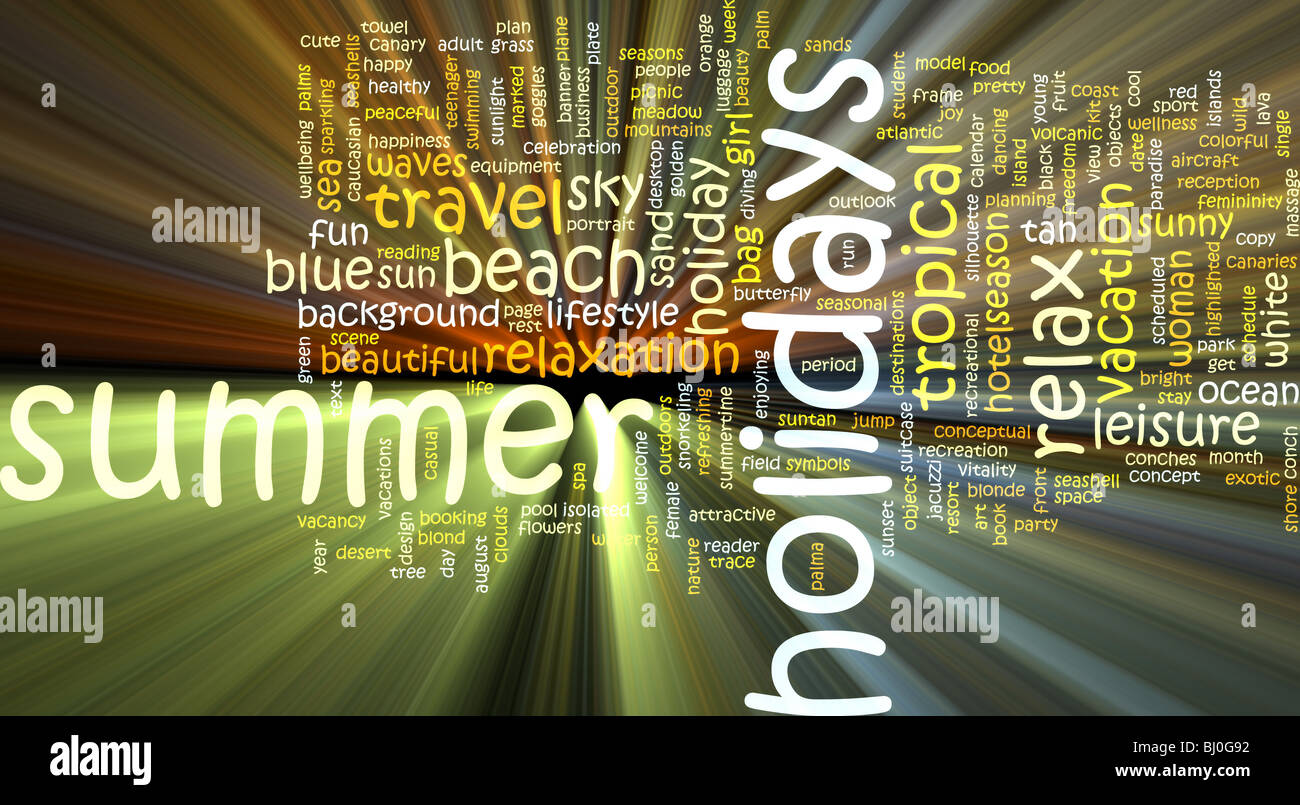 Word cloud concept illustration of summer holidays glowing light effect ...