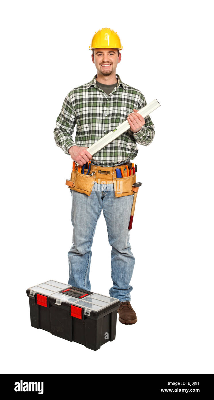 handyman with spirit level and tools isolated on white background Stock ...