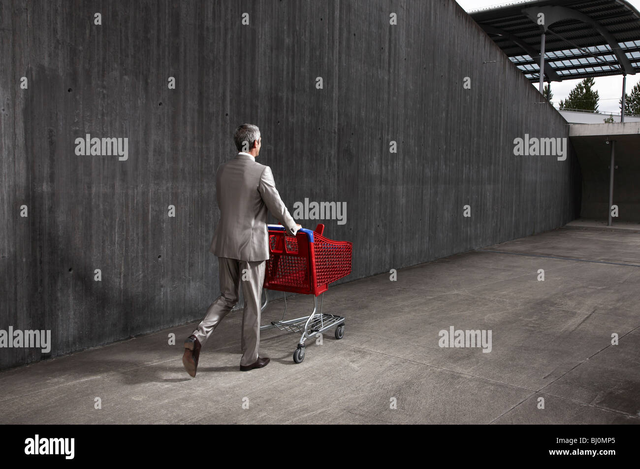 rear view of businessman pushing red shopping trolley Stock Photo - Alamy