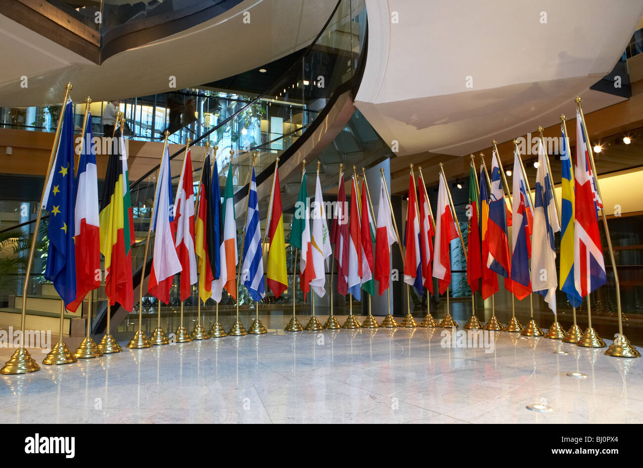 Flags of the EU-nations in the European Parliament building, Strasbourg ...