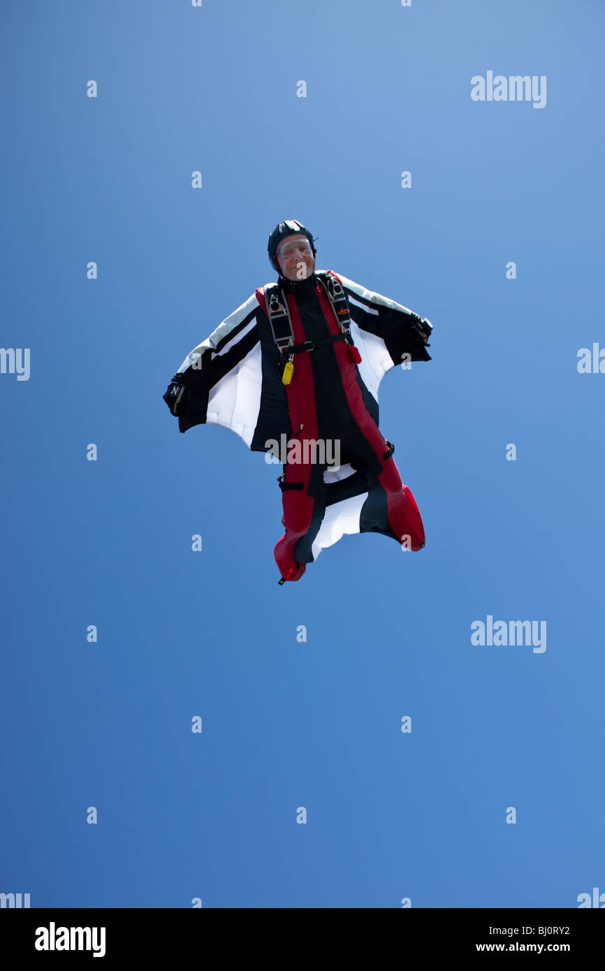 Skydiver within a special wingsuit is flying high in the blue sky. The ...