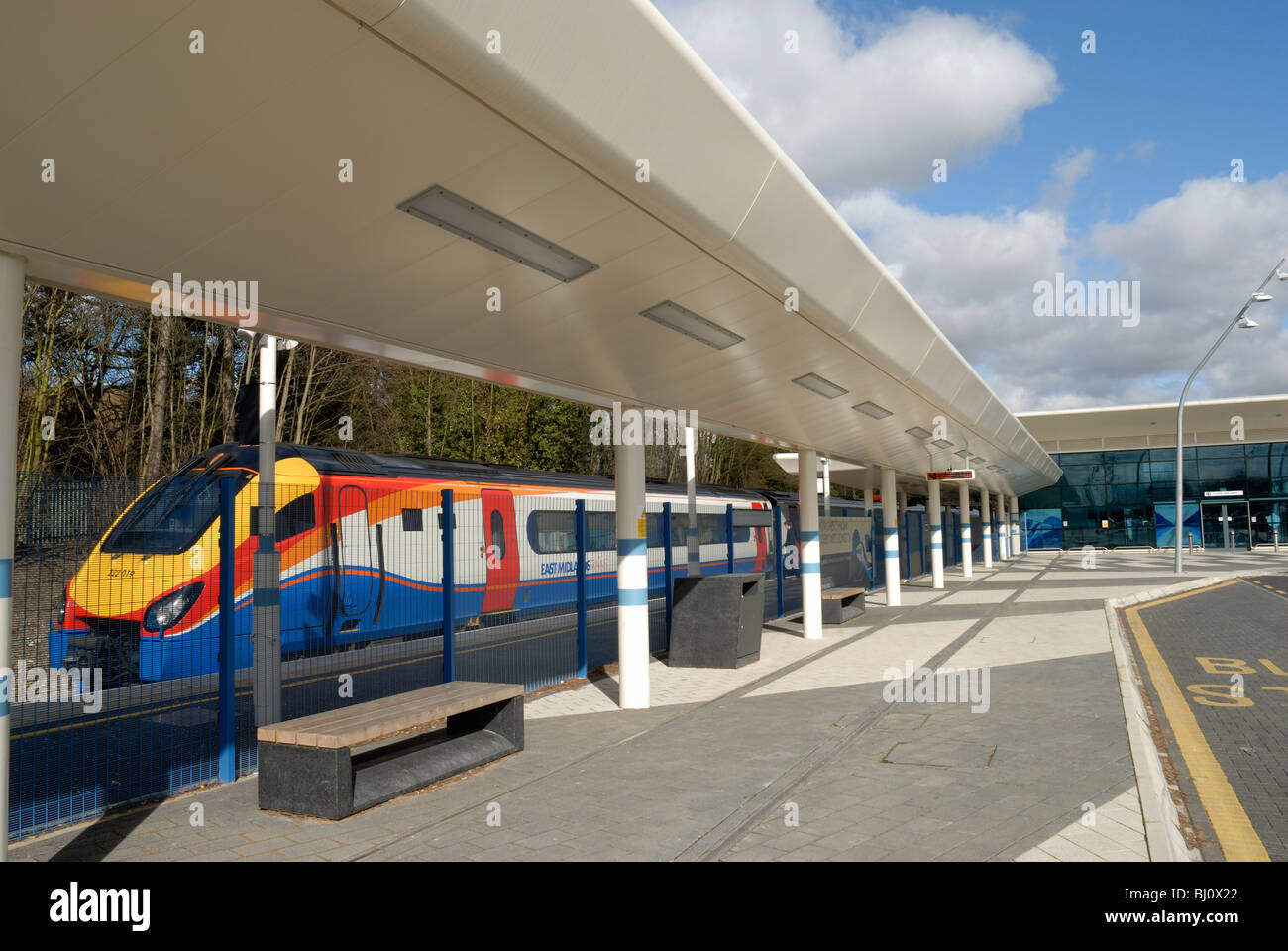 East Midlands train waiting at Corby railway station in ...