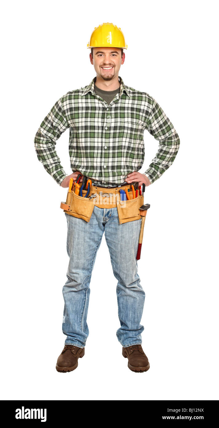standing smiling handyman isolated on white background Stock Photo - Alamy