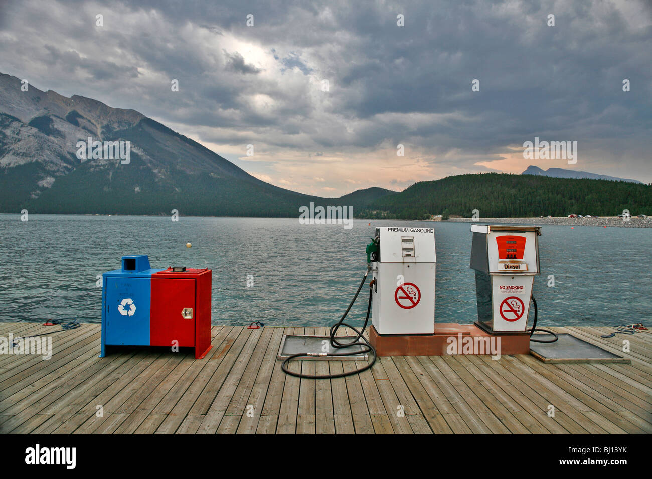 Gas pumps on a pier, Minnewanka Lake, Banff National Park, Alberta ...