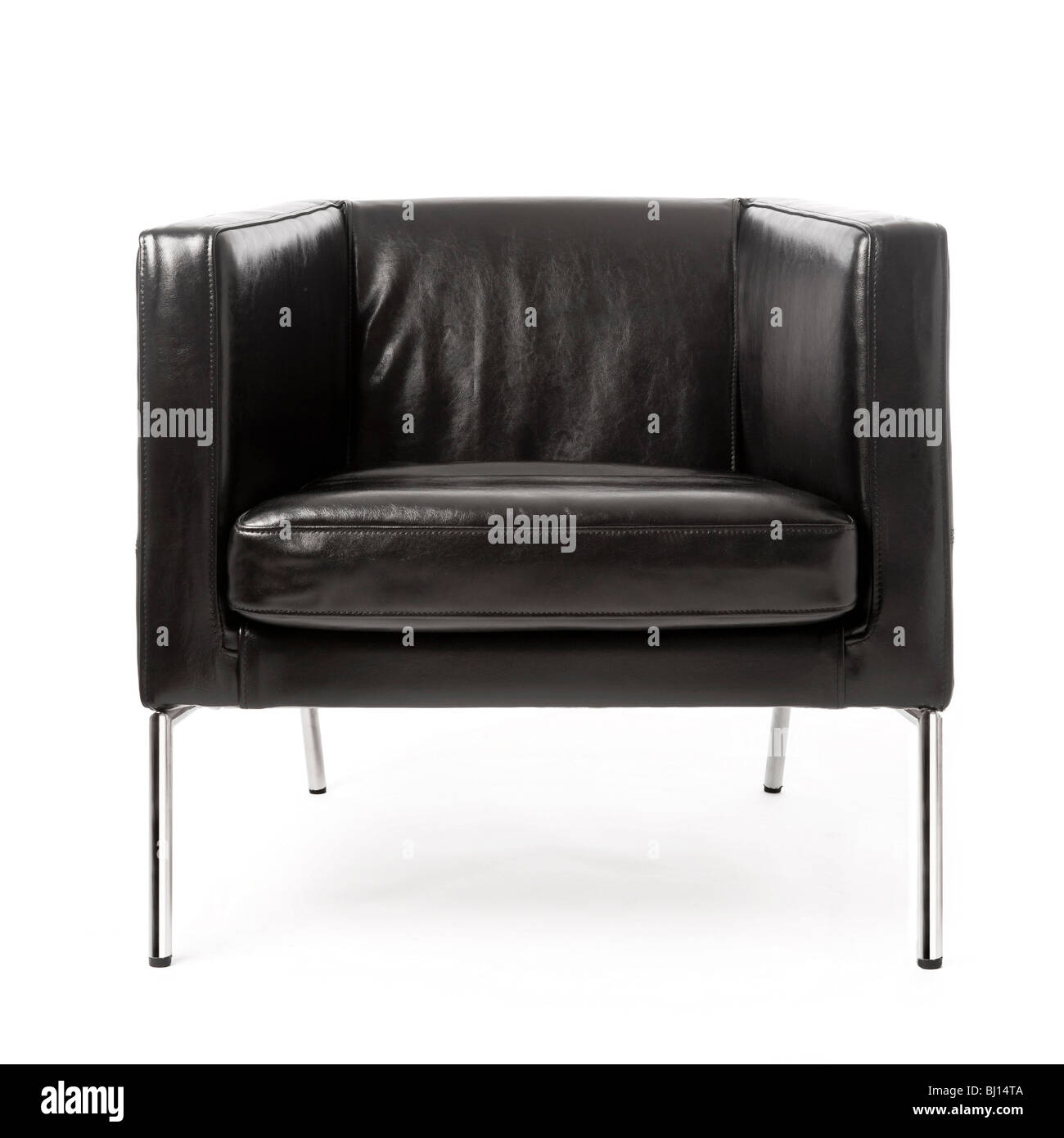 Studio shot of front view of modern black leather and chrome armchair ...