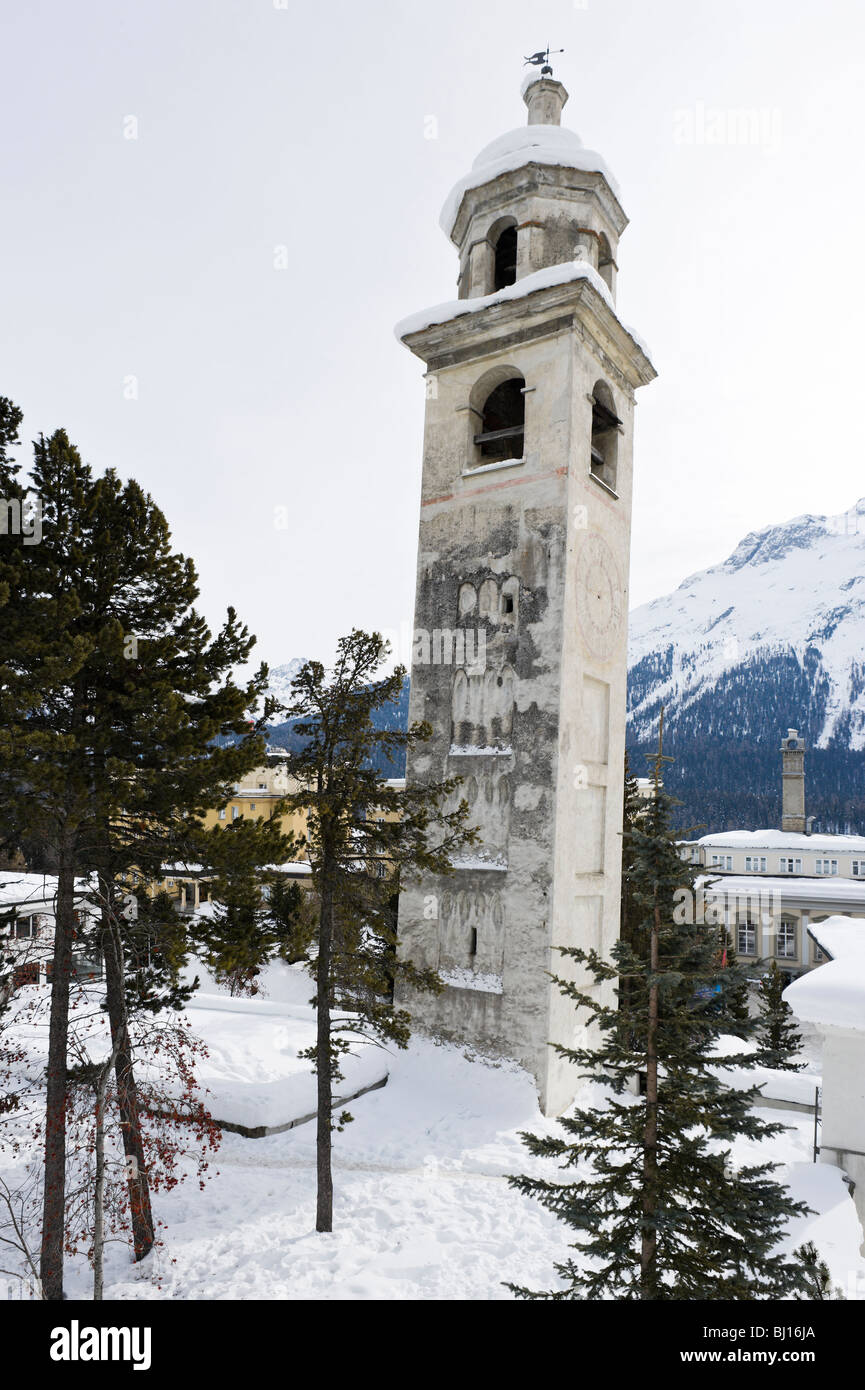 The Schiefer Turm (Leaning Tower) in the centre of St Moritz Dorf, St ...