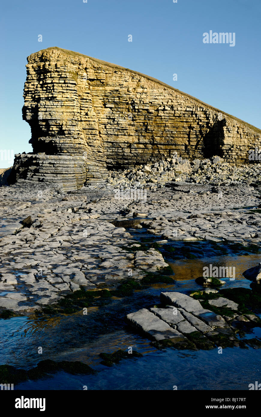 Cliffs at Nash point in South Wales viewed from the rocky Limestone and ...