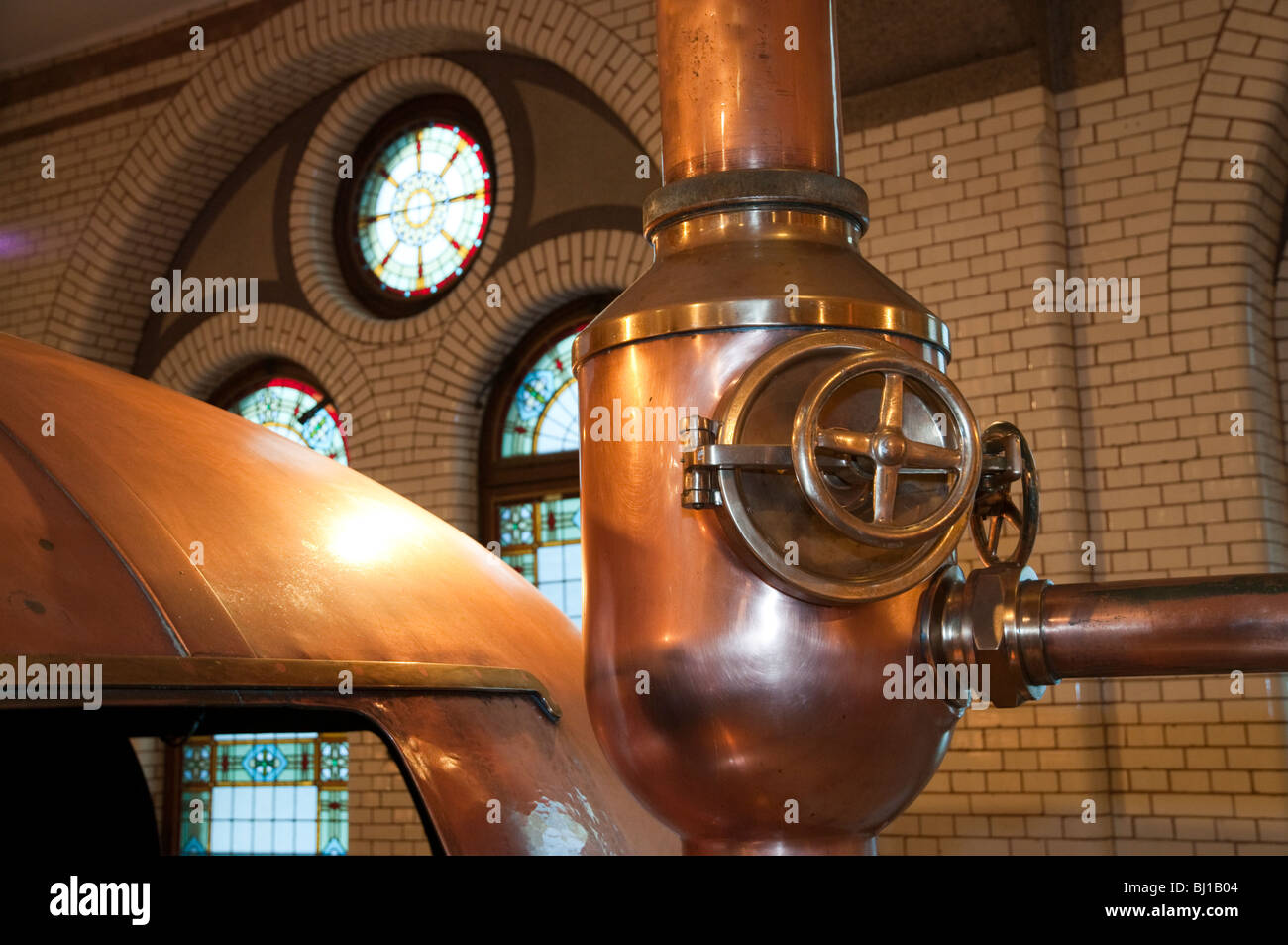 Copper traditional tanks for brewing Heineken beer, Heineken brewery ...
