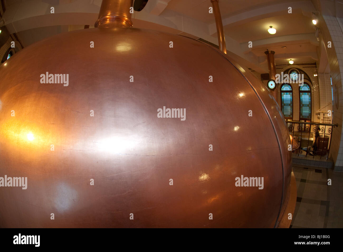 Copper traditional tanks for brewing Heineken beer, Heineken brewery ...