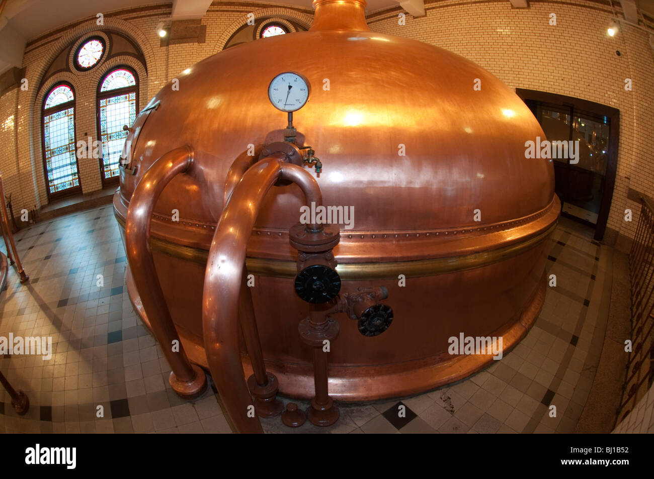 Copper traditional tanks for brewing Heineken beer, Heineken brewery ...
