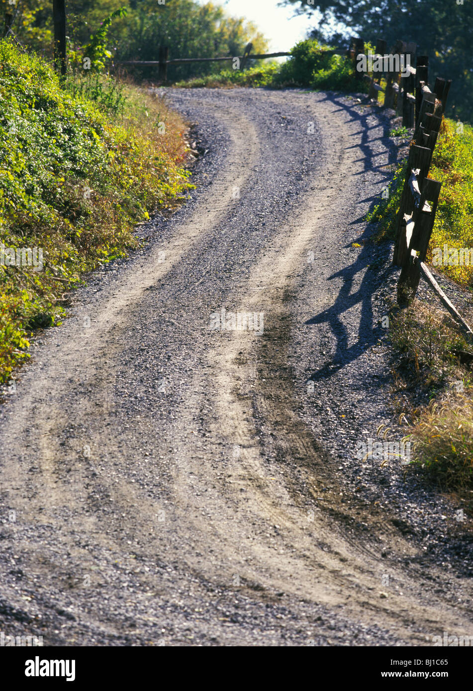 Curving gravel and dirt country road bordered by a wood fence ...