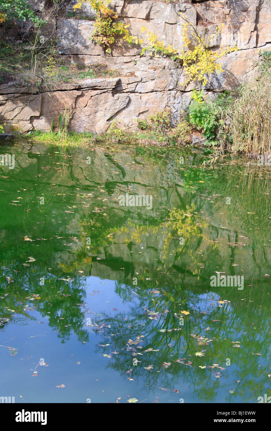 Pond water surface with reflection of colorful trees and rocky lakeside ...