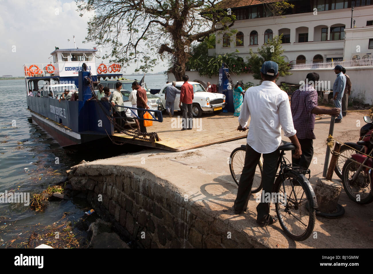 India, Kerala, Kochi, Fort Cochin, Vypeen Island vehicle ferry boat at ...