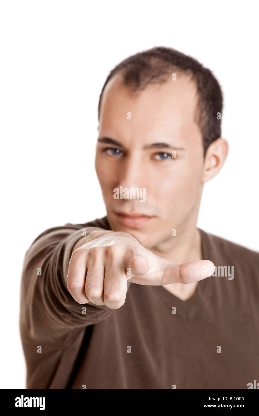 Portrait of a smart guy pointing to something, isolated on white Stock ...