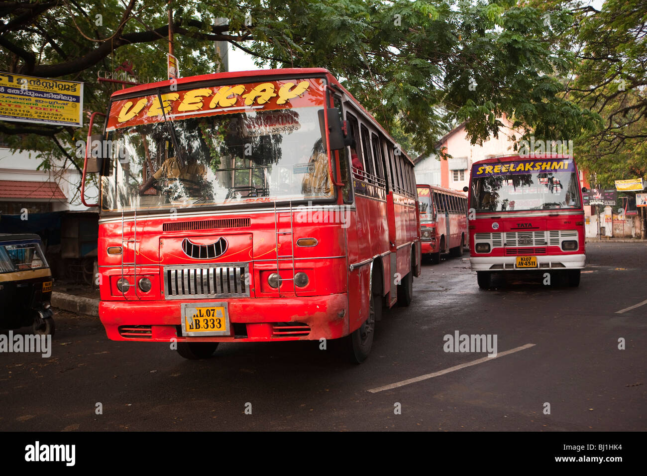 India, Kerala, Kochi, Fort Cochin, River Calvathy Road, private buses ...