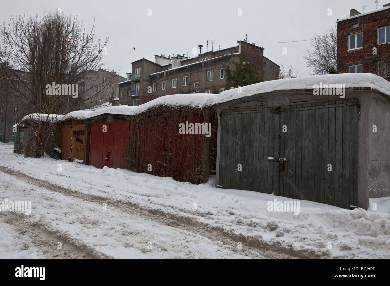 Old colored garages in the Praga neighborhood Warsaw, Poland, Eastern ...