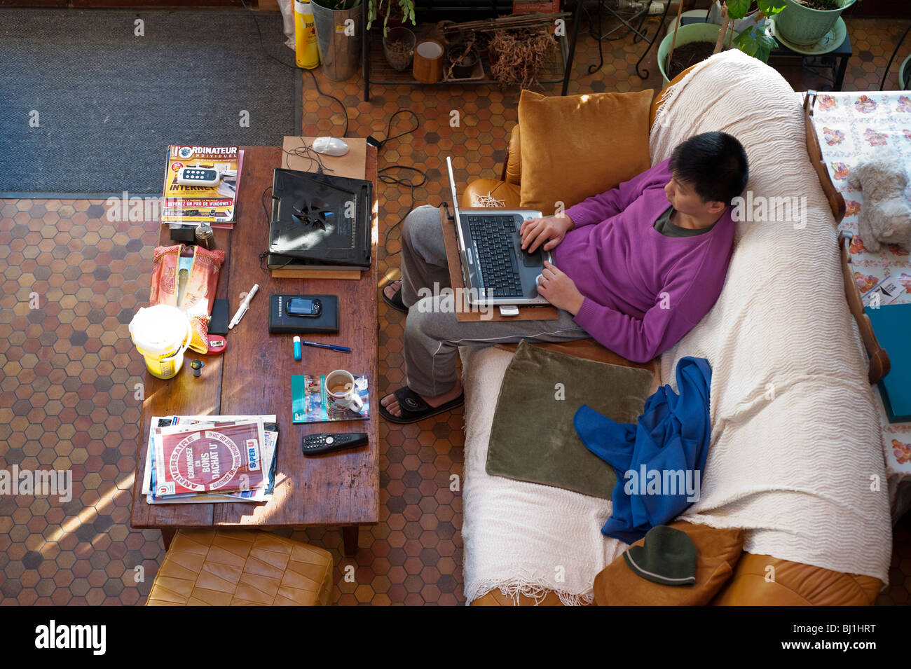 Aeroial View, Office at Home, Using Laptop Computer, inside, Asian Man ...