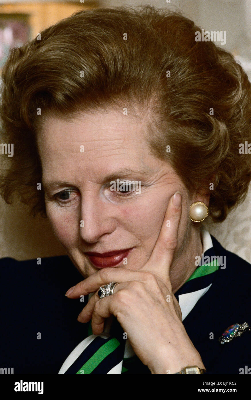 Prime Minister Margaret Thatcher pensive expression during photo ...