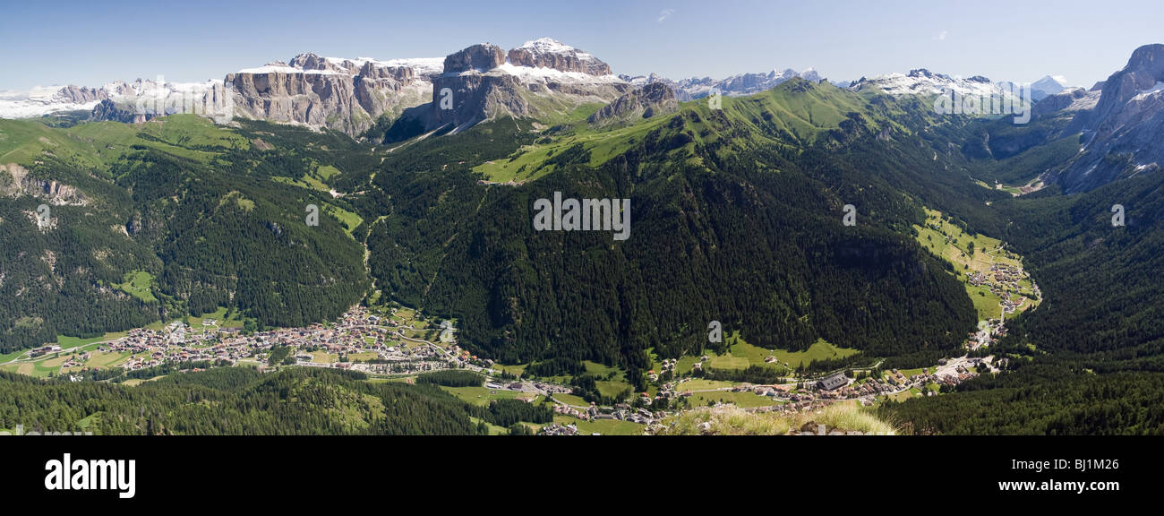 Aerial view of Canazei and Fassa valley with Saas Pordoi mount (Sella ...