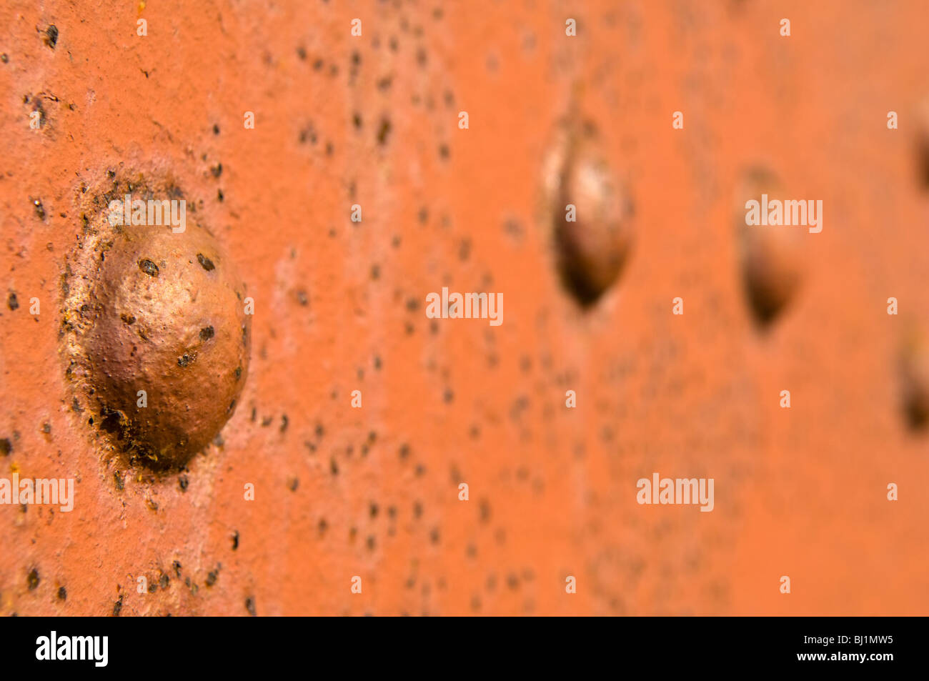 Close up of a rivet head on a steam engine showing rust coming through ...