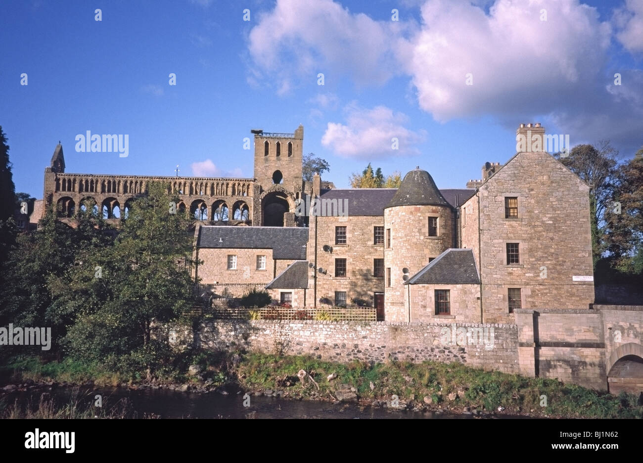 Jedburgh Abbey and Abbey Place from Jed Water and Bridge, Borders ...