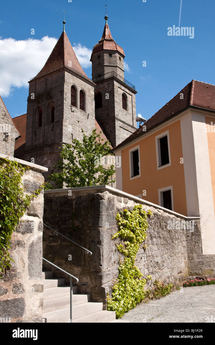 Staircase and buildings with towers, Stiftskirche Church in ...