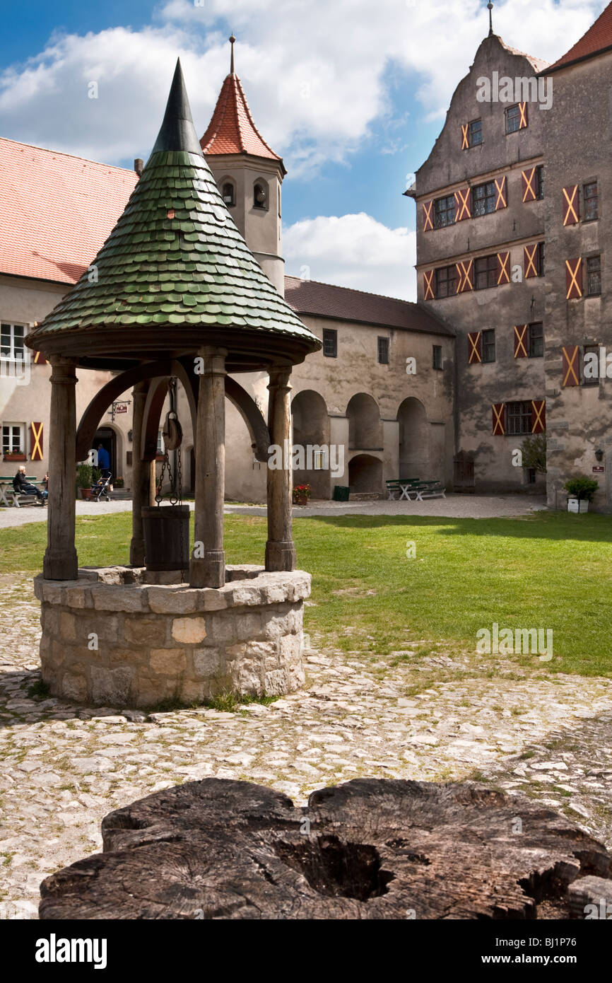 Wishing well in castle courtyard, Harburg Castle, Wörnitz Valley ...