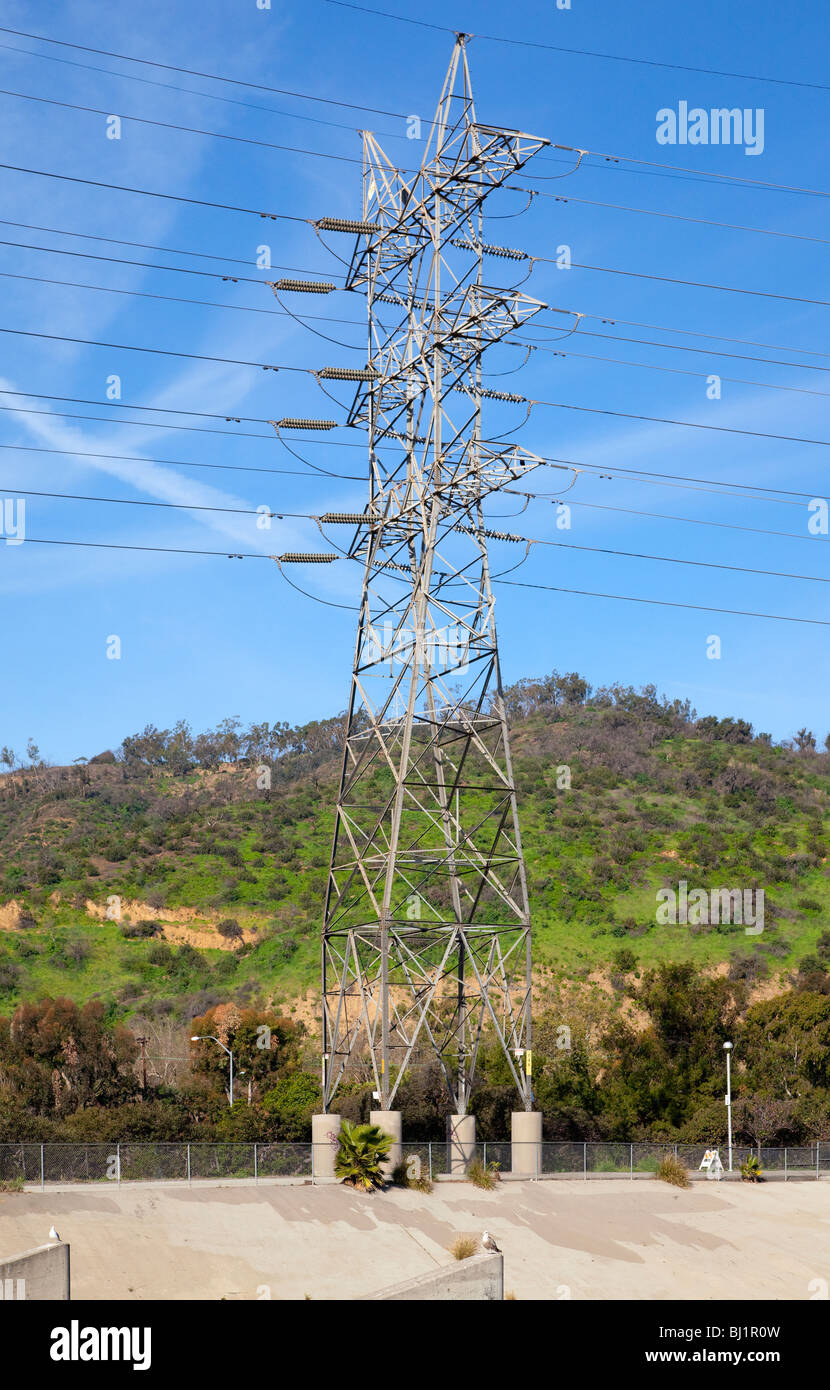 Pylon and high voltage electrical lines along the Los Angeles River ...