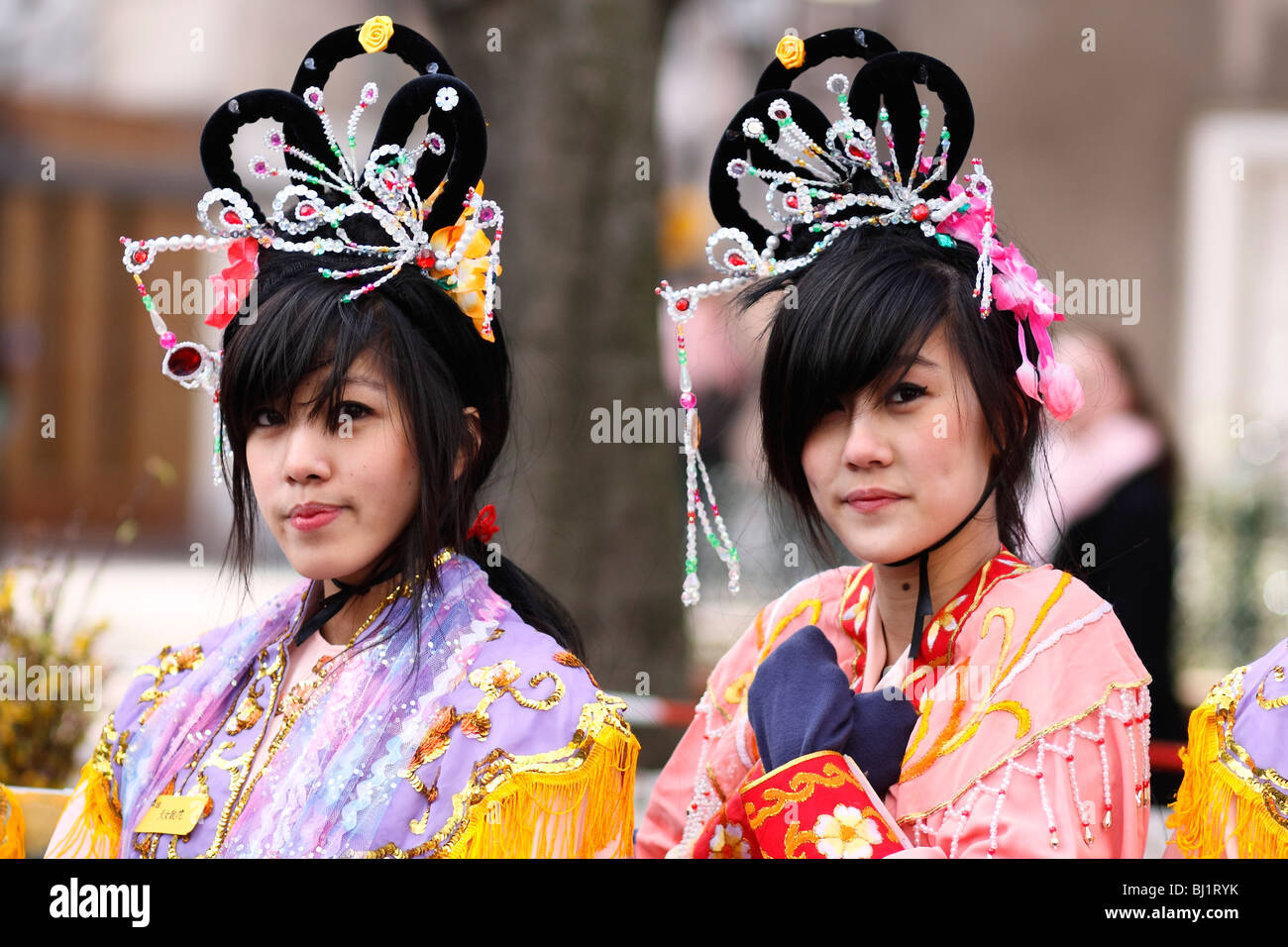 Two female performers at the Chinese New Year parade in the streets of ...