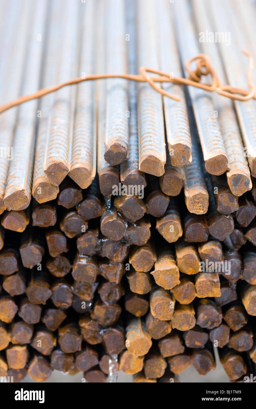 Cross-sectional close-up of Rusty High Tensile Deformed Steel Bar Stock ...