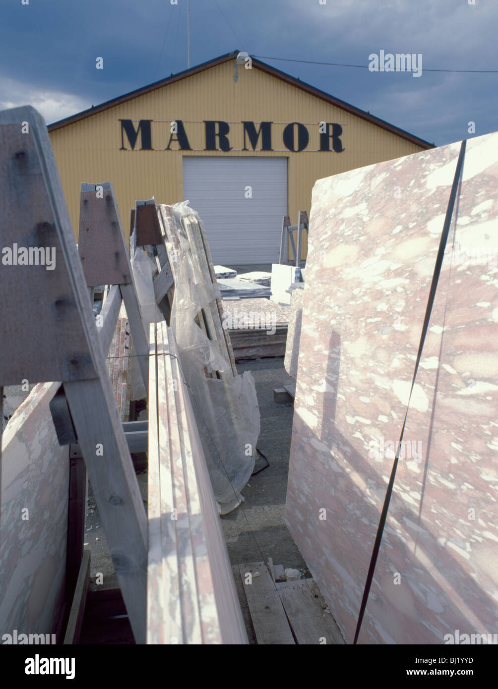 Slabs of Fauske Marmor (marble) in a yard, Fauske, Nordland, arctic ...