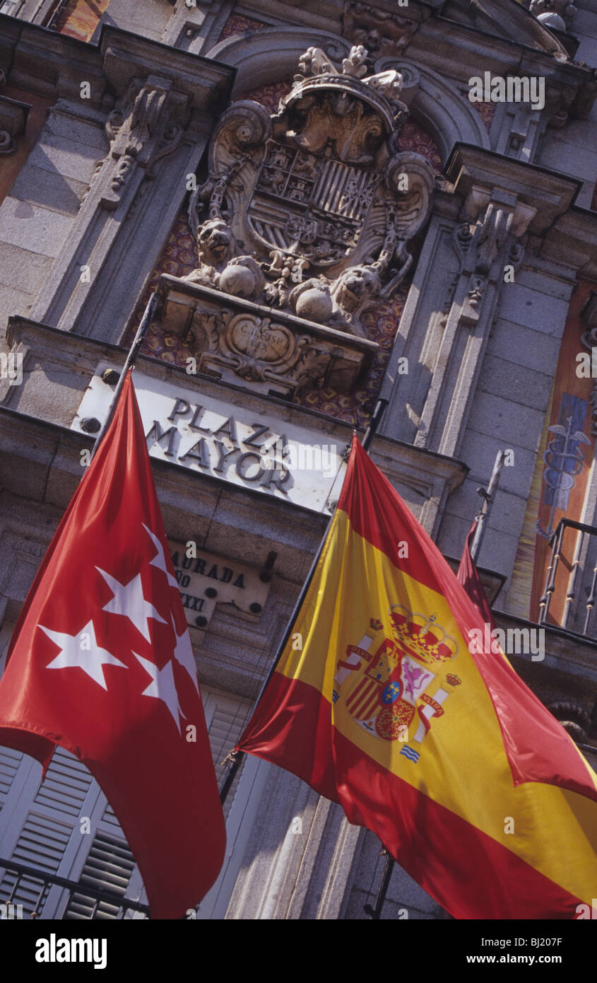 Detail of Spanish and Madrid flags on building in the Plaza Mayor in ...