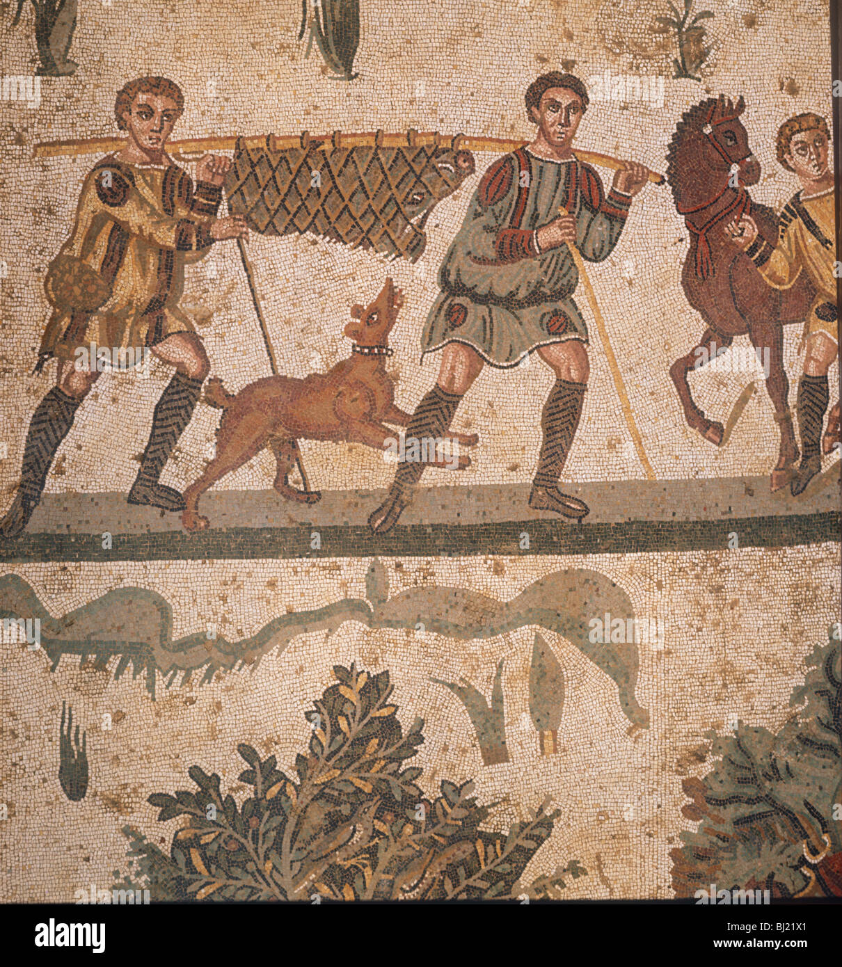 Detail of small hunt, netted boar, 3rd to 4th century Roman mosaic ...