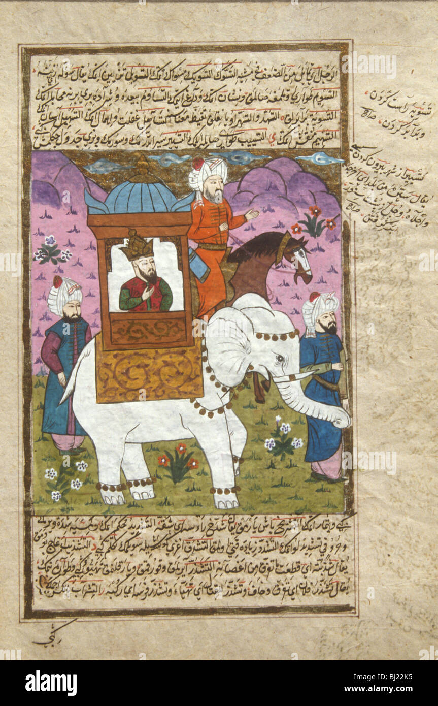 Elephant carrying man in a howdah, 16th century illuminated Turkish ...
