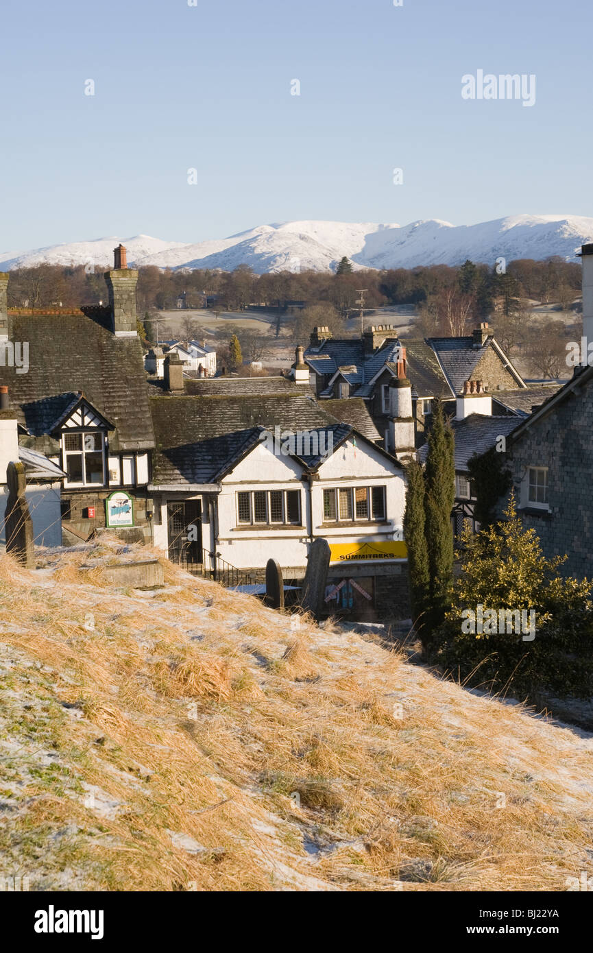 Hawkshead Village with Snow Covered Cumbrian Mountains in Early Morning ...