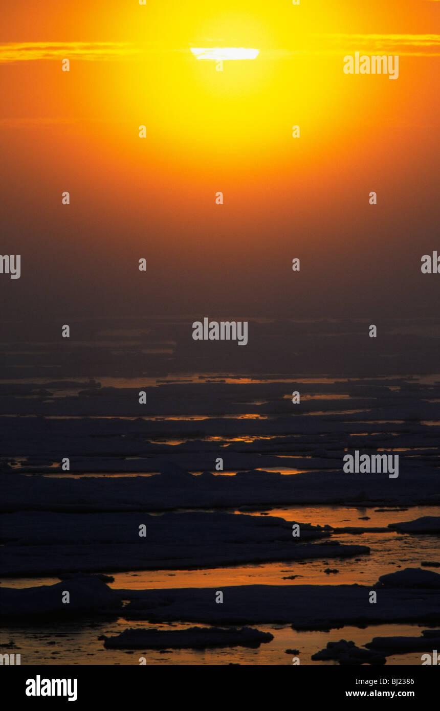 The midnight sun above the melting ice of the Arctic, Canada Stock ...