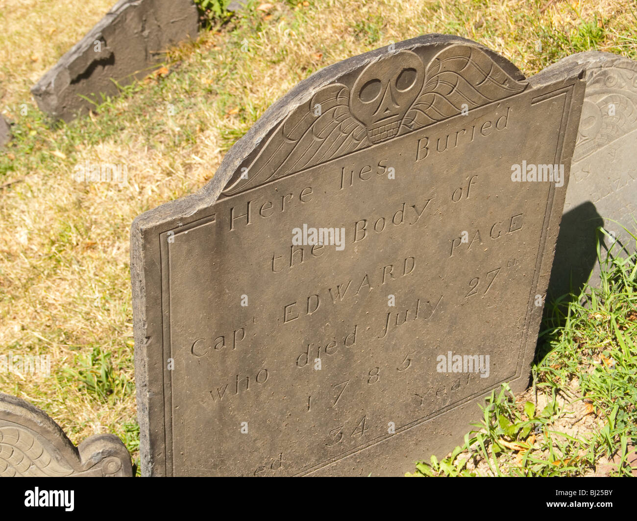 A headstone in the Granary Burial Ground, part of the Freedom Trail in Boston Massachusetts USA ...